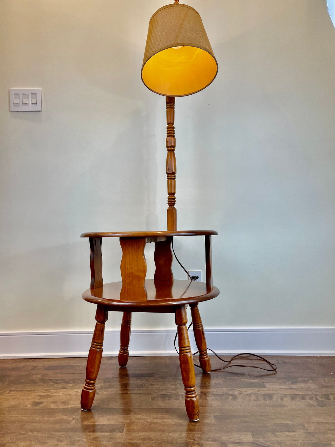 Vintage Two-tier Wood Table With Integrated Poled Lamp Wooden Table ...