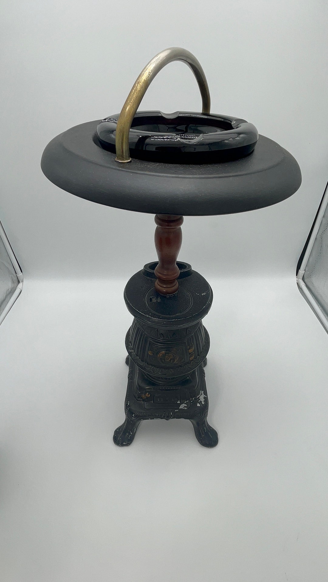 Vintage Cast Iron-metal-glass-wood Standing Ashtray With Handle ...