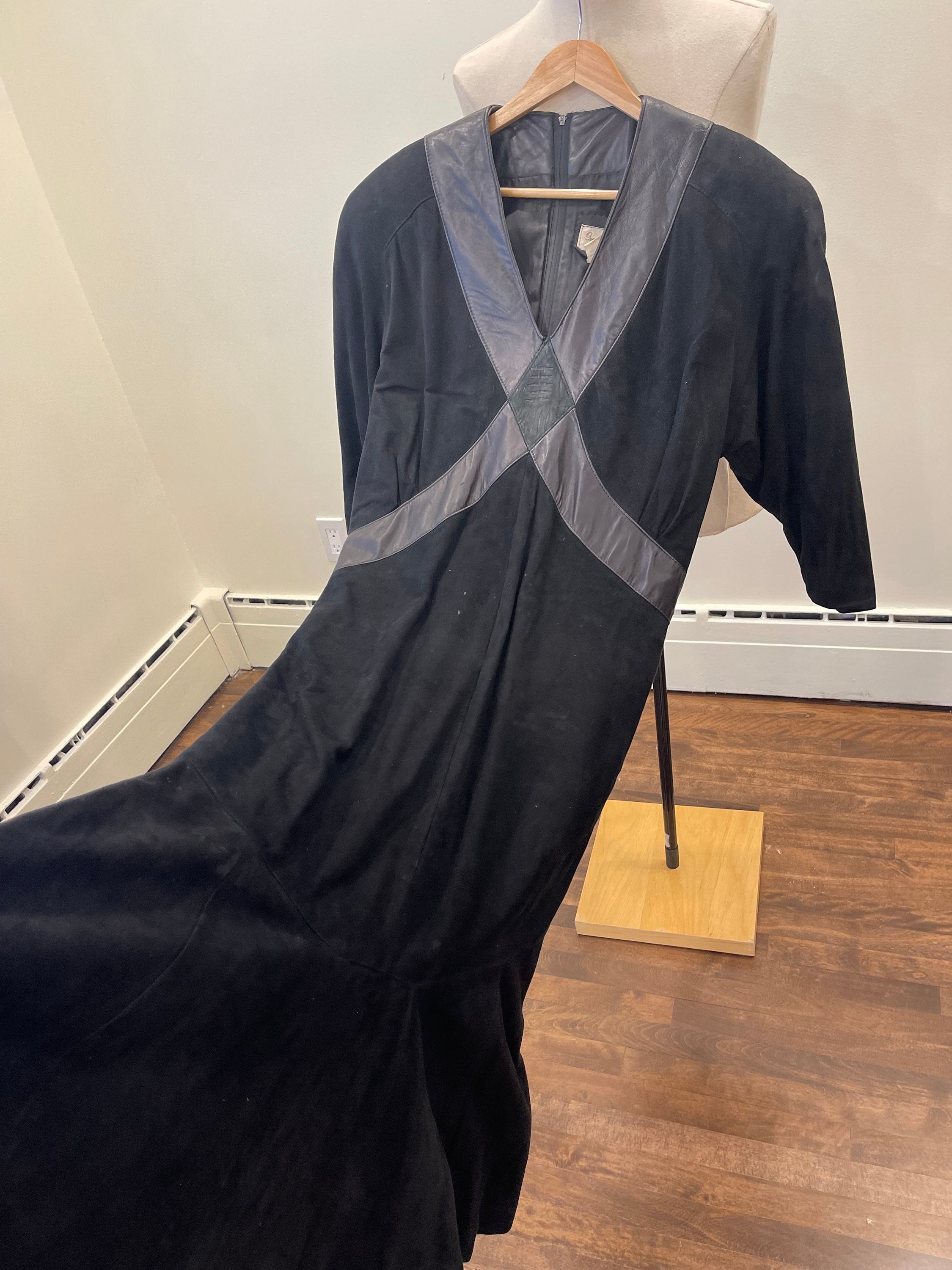 Vintage Long Black Suede Leather Dress With Three Quarter Sleeves Size ...