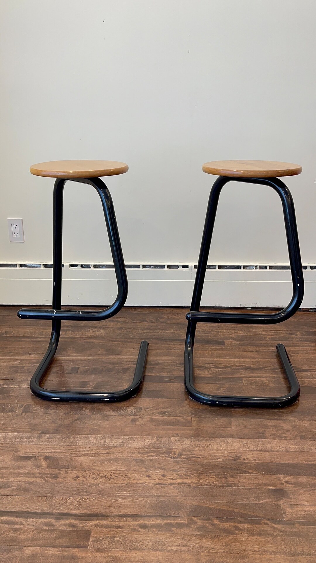 Part of Set 0427 | Black Metal Base and Wood Top Stool | VINTAGE ...
