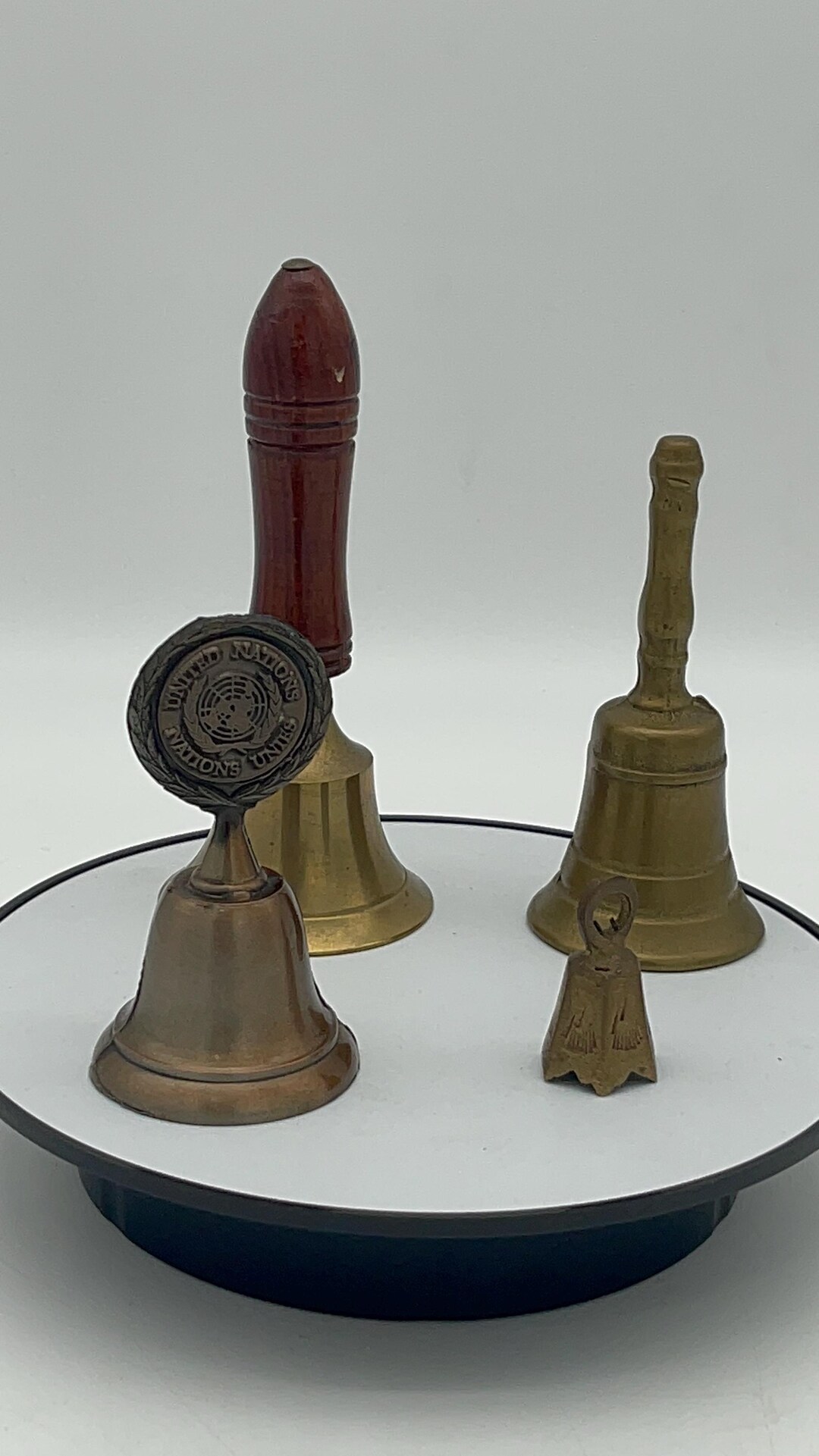 Set of Four Vintage Handheld Bells || Brass Bell || Metal Bell || Wood ...