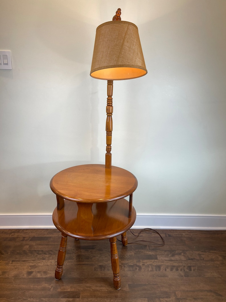 Vintage Two-tier Wood Table With Integrated Poled Lamp - Etsy