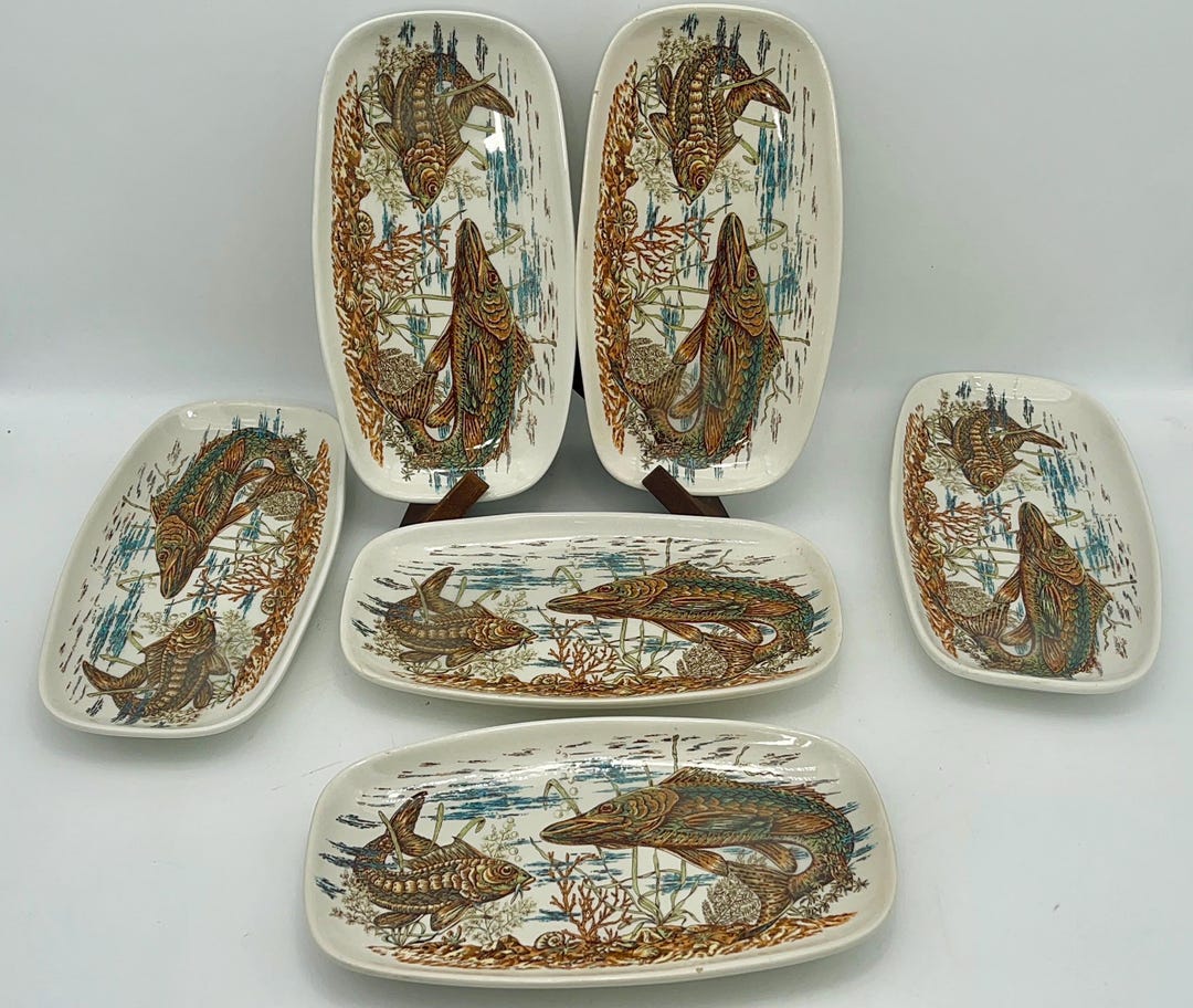 Set of 6 Vintage Mid-century Ceramic Fish Platters | Rectangular Fish ...