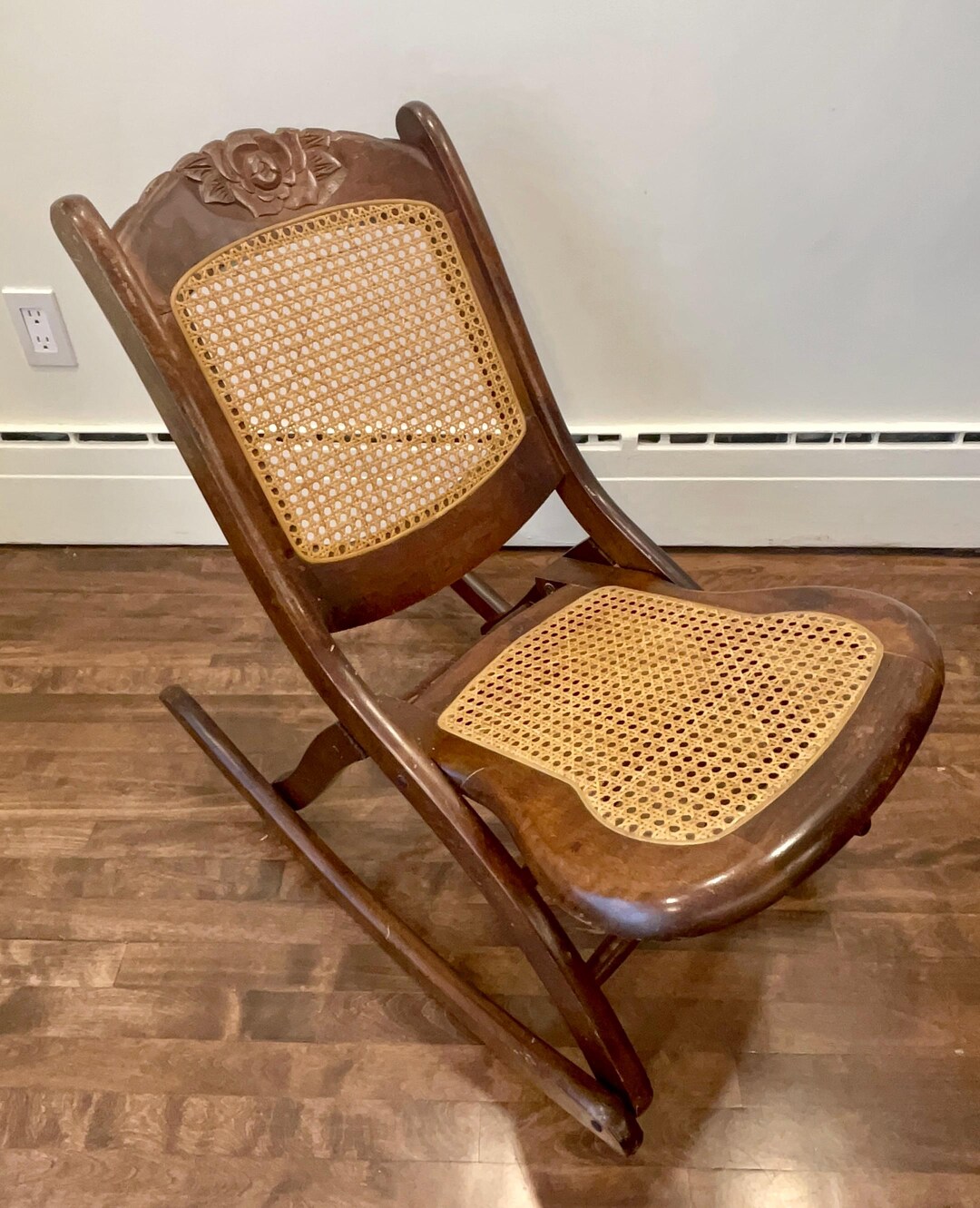 Vintage Wood and Cane Rocking Folding Chair | Ornate Top Flower Wood ...