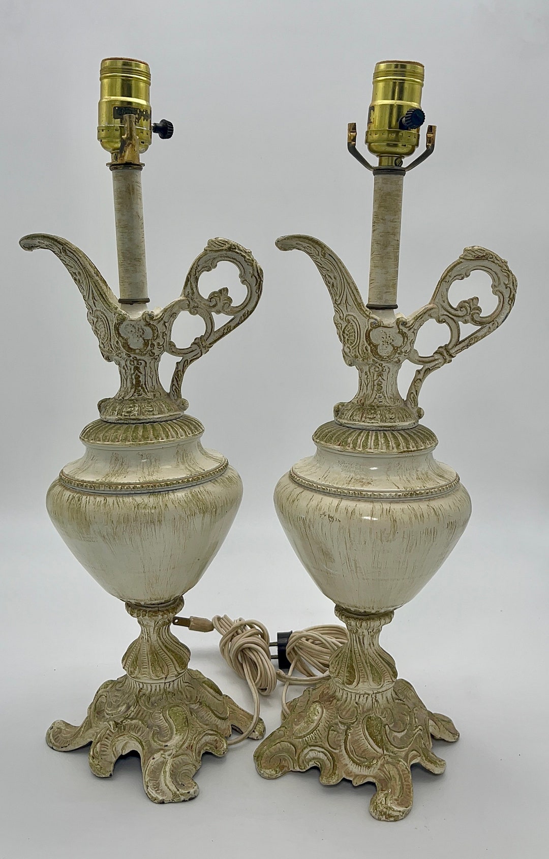 Set of Two Amphora Ivory Cast Metal Table Lamps I Vintage Jug Lamps I ...