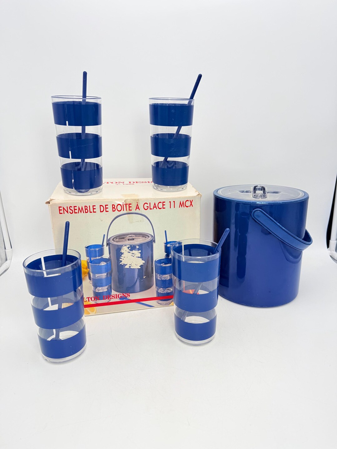 Mid Century Shelton Designs Cameo Ice Bucket Bar Set | 11-piece Blue ...