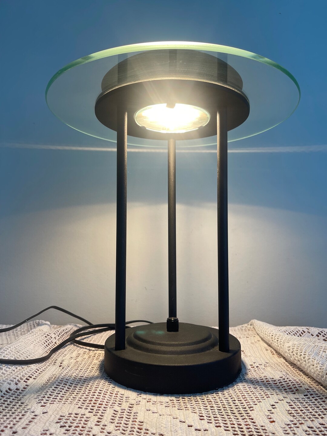Vintage Saturn Table Lamp Black Metal and Saucer Glass Postmodern Lamp ...