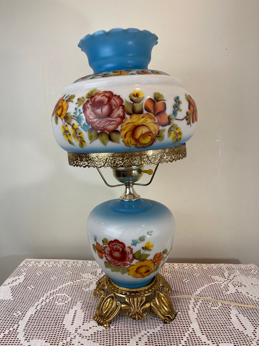 Vintage Lamp Ornate Brass Basefiligree Ornate Metal Fitter Blue Florals ...