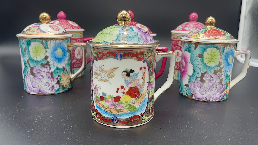 Set of 7 Vintage Chinese Porcelain Tea Cups | Floral Lidded Coffee Cups ...