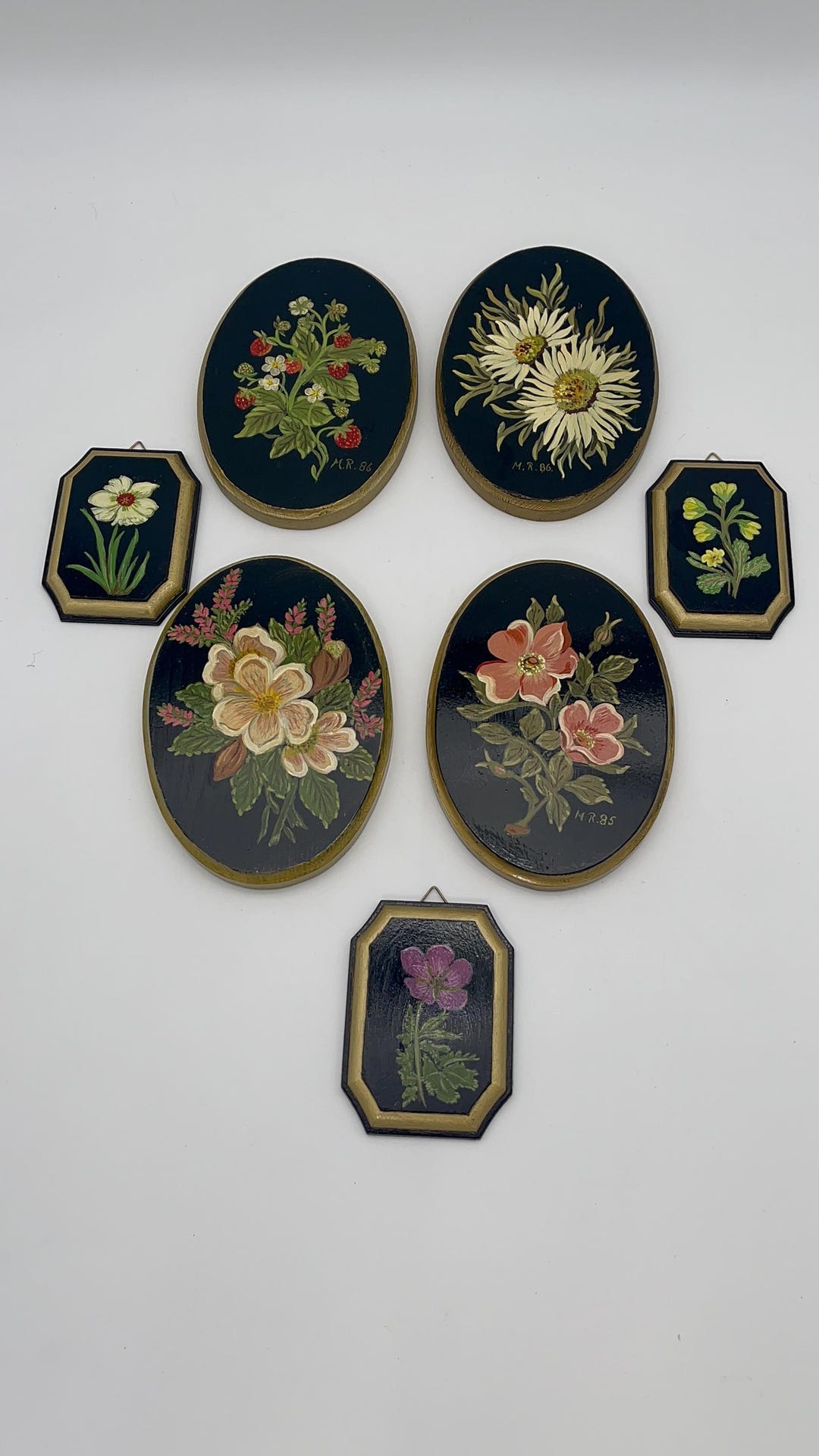 Set of 7 Wooden Floral Scenes Wall Plates Wooden Wall Art Hand Painted ...