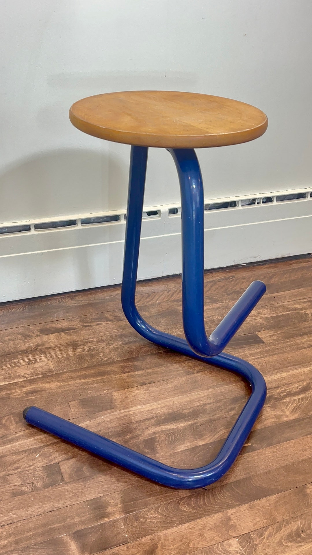 Vintage PAPERCLIP Round Wood Seat and Dark Blue Steel Metal Base ...
