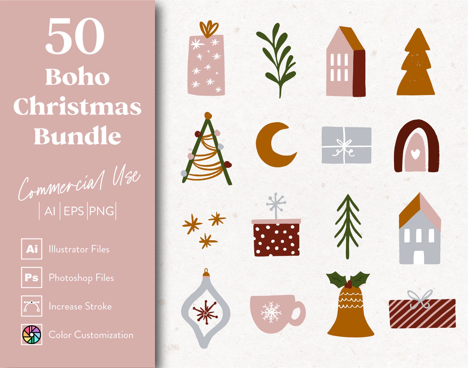 Christmas Boho Clipart Bundle Designs Commercial Use AI - Etsy UK