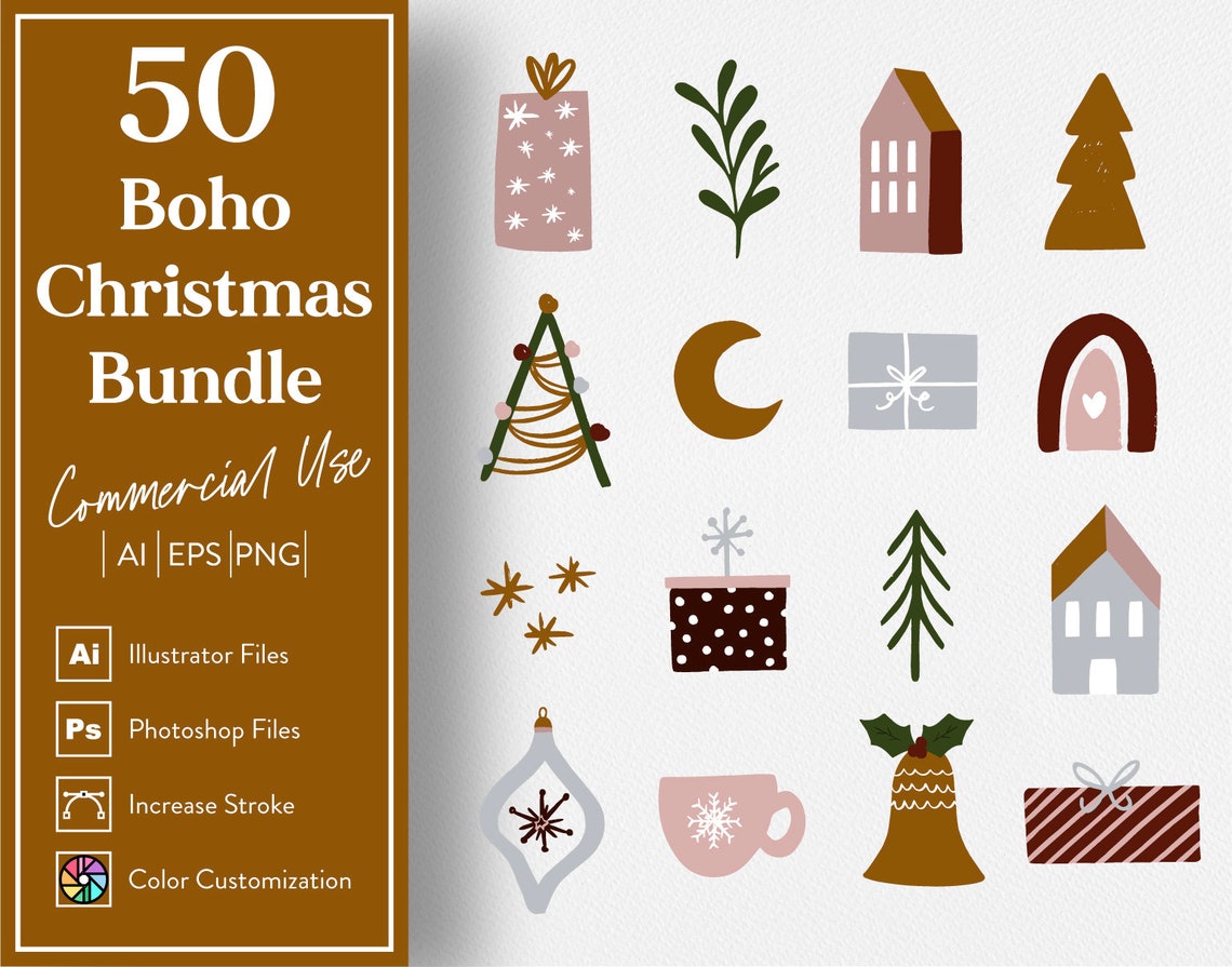 Christmas Boho Clipart Bundle Designs Commercial Use AI | Etsy
