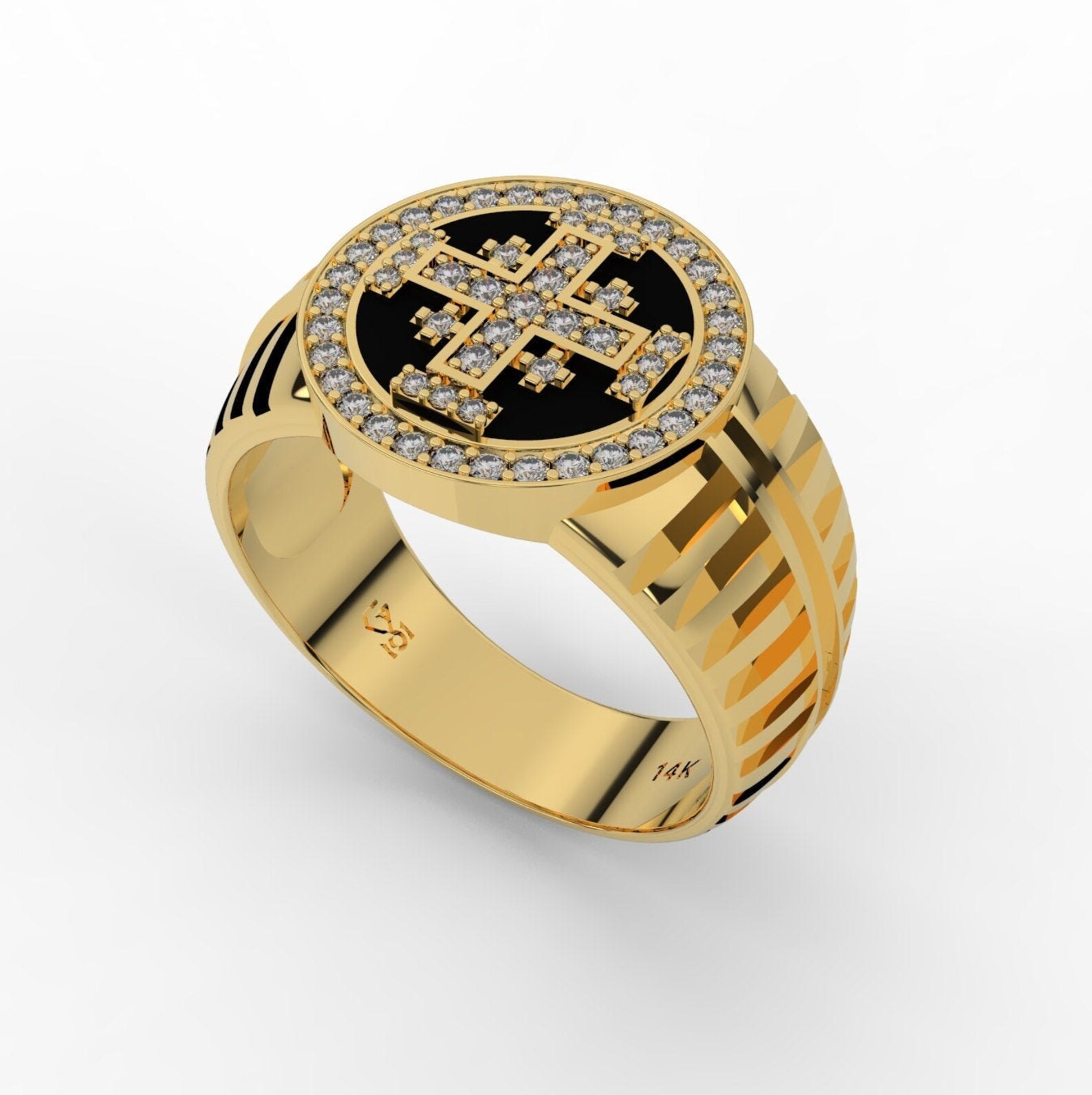 Solid 14K Gold Jerusalem Cross Ring, 57 Real Natural Diamonds 0.41 TCW ...