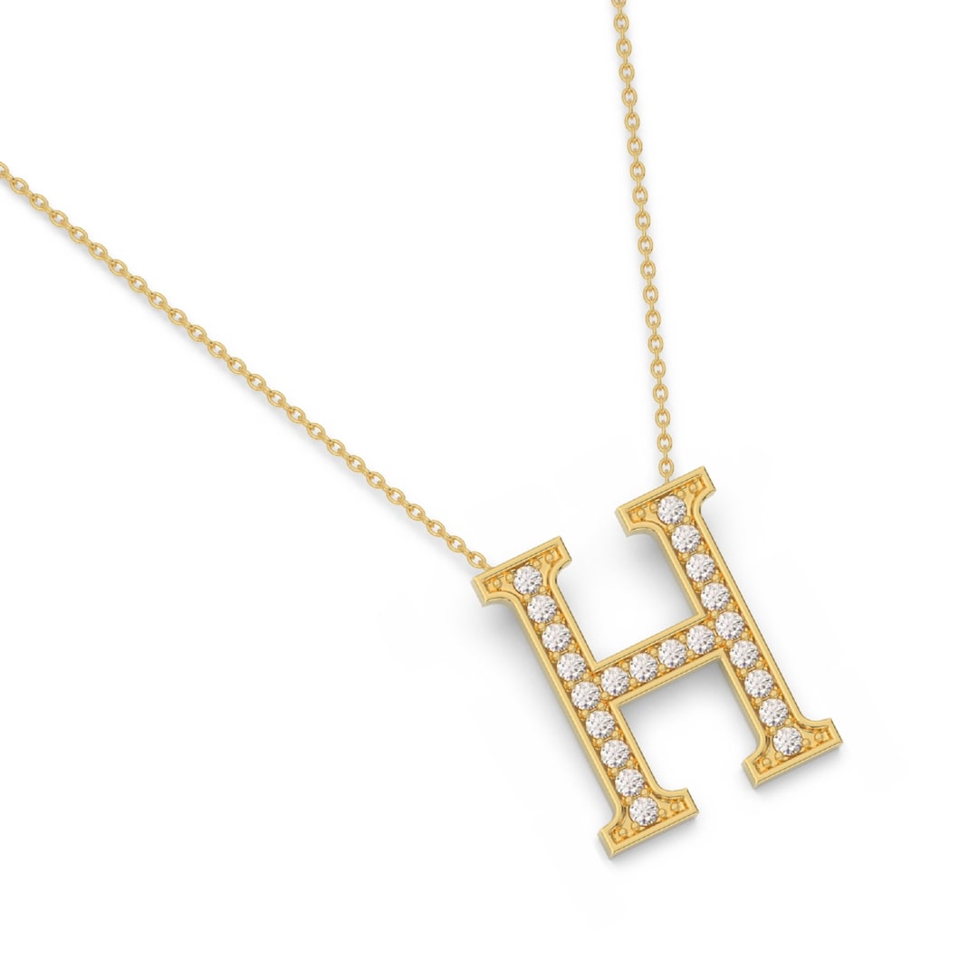 Letter H Pendant With Necklace Chain, 22 Natural Diamonds 14K Gold ...
