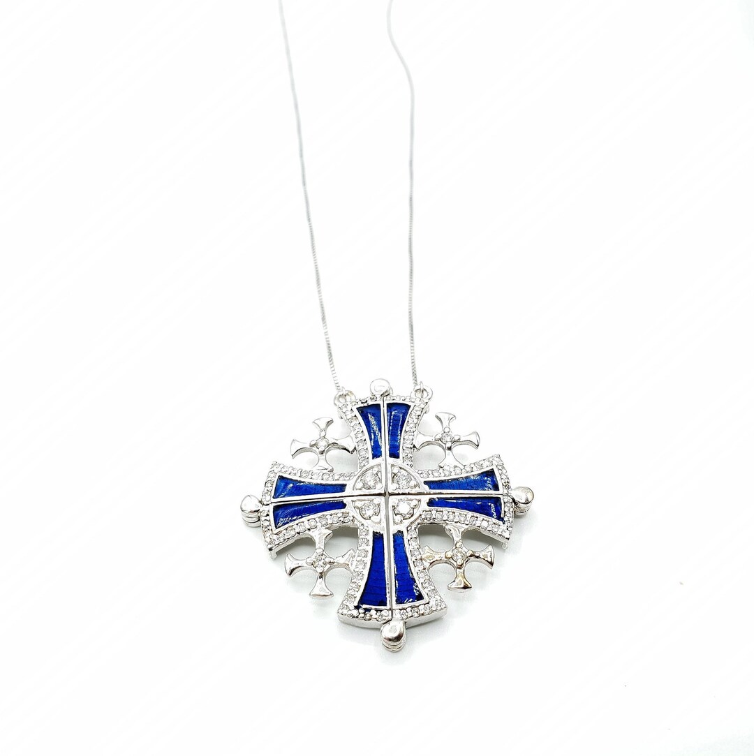 14K Jerusalem Cross Pendant, Blue Cross Pendant, Religious Charm ...