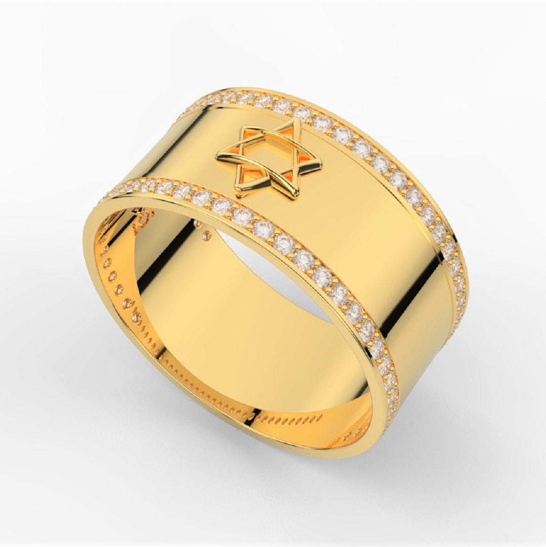 14k Gold Star of David Prayer Ring Band With 72 Natural Diamonds, Rose ...