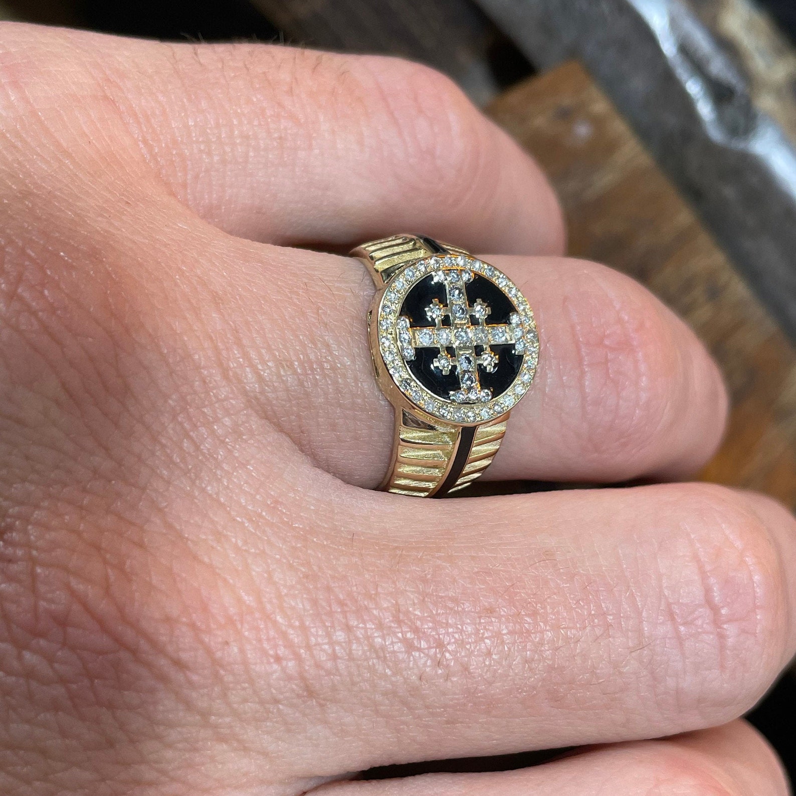 Solid 14K Gold Jerusalem Cross Ring, 57 Real Natural Diamonds 0.41 TCW ...