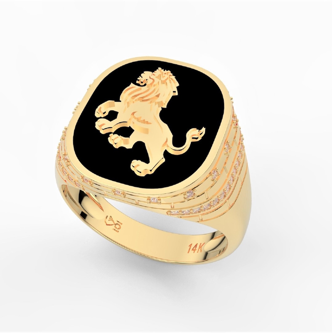 14K Gold Lion Ring With 52 Real Natural Diamonds 0.28 TCW, Mens Enamel ...
