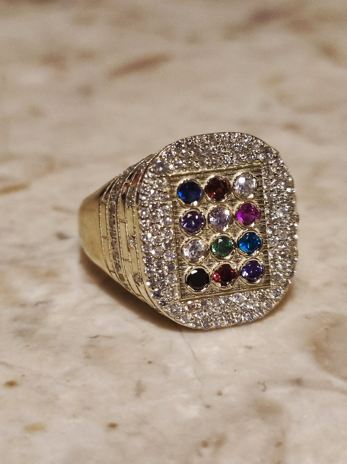 Gold Diamond Ring With Colorful Gems - Jewish Unique 14k Gold Ring ...