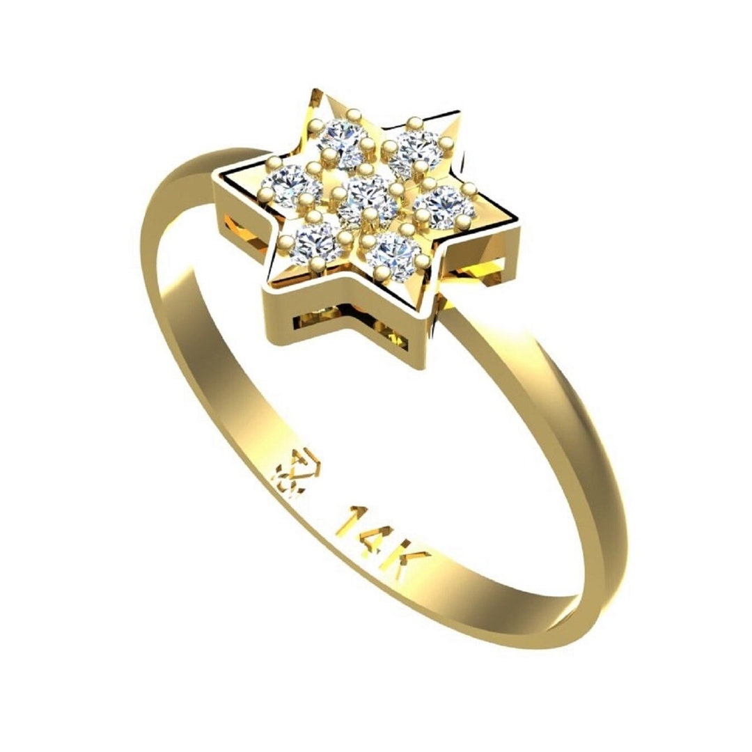 14k Gold Diamond Star of David Ring, Jewish Star Ring, 7 Real Natural ...