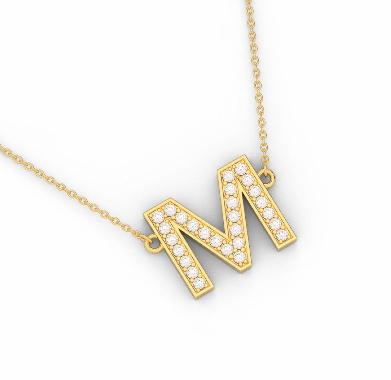Letter M Pendant With Necklace Chain, 27 Natural Diamonds 0.44 TCW, 14K ...