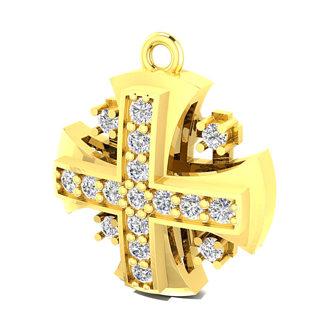 14K Gold JERUSALEM CROSS DIAMOND Pendant Necklace 17 Natural Diamonds 0 ...