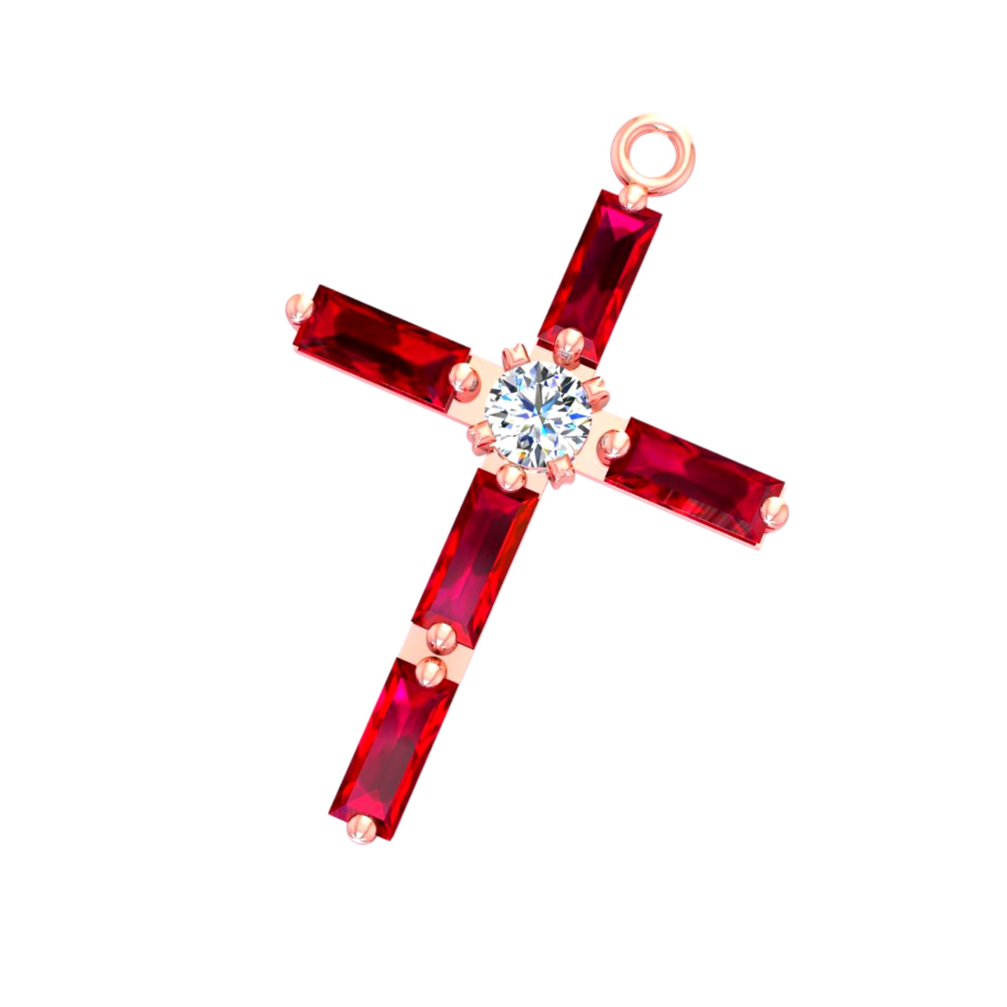 14k Ruby Cross Necklace Pendant, 5 Natural Rubies 0.75 TCW Natural ...