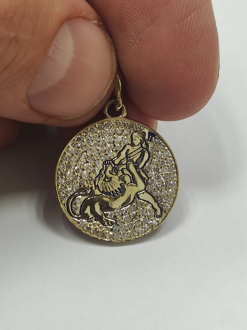 14k Yellow Gold Samson and the Lion Pendant Necklace | Etsy