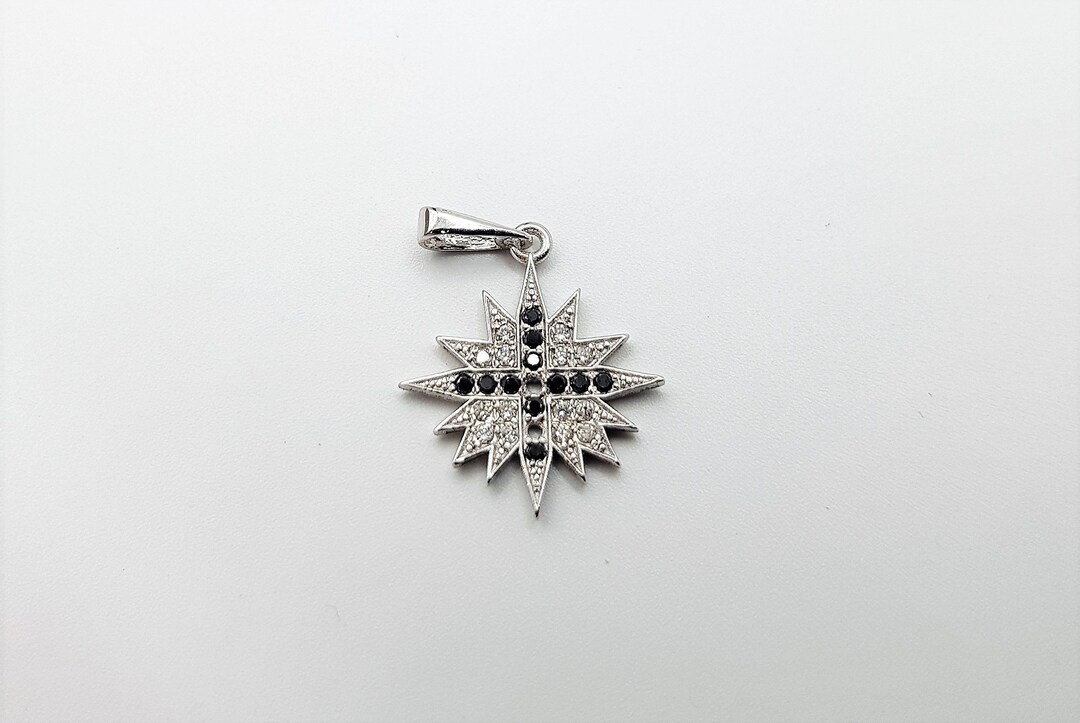 14k Yellow Gold Holy Star of Bethlehem Cross Pendant With Black & White ...