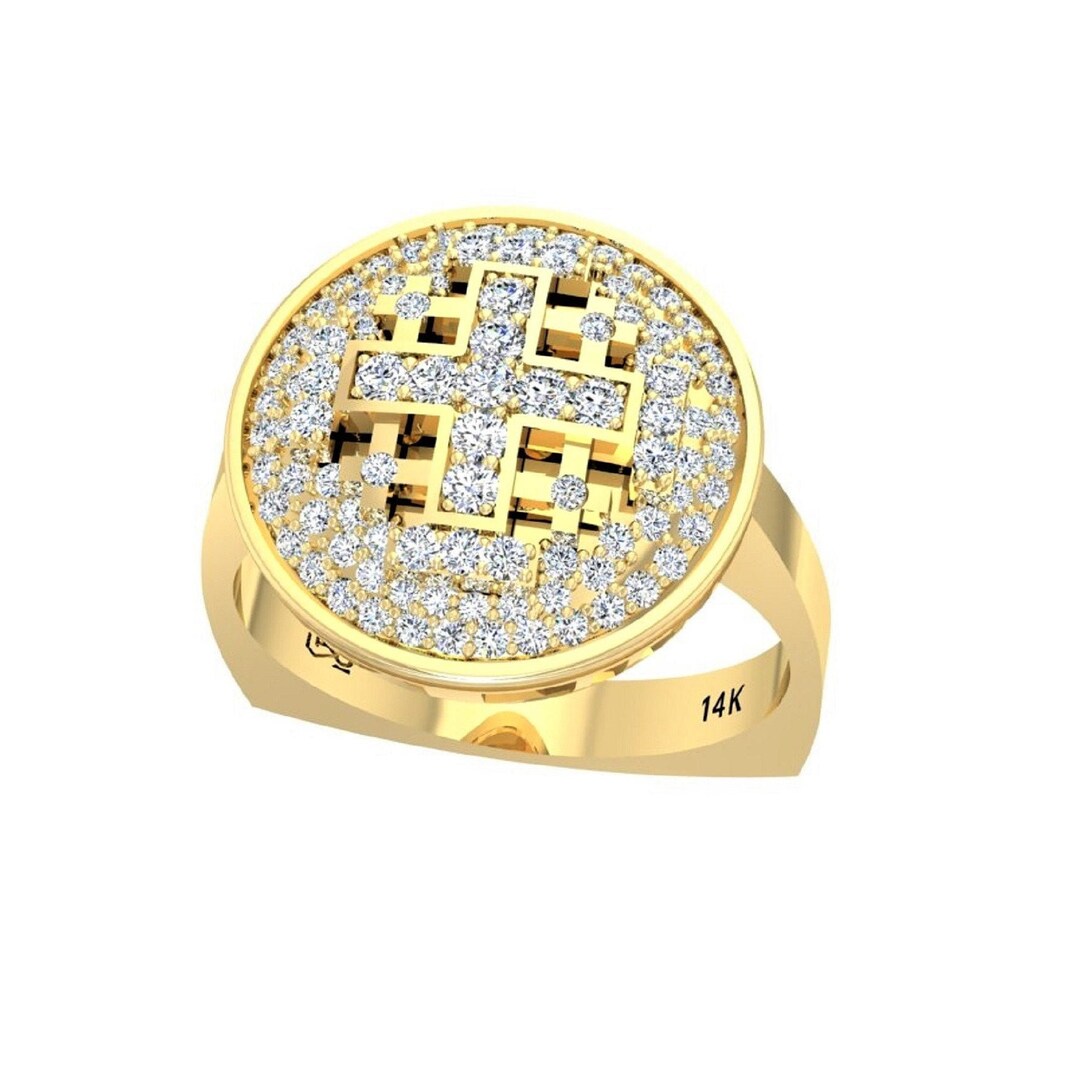 14K Gold Diamond Jerusalem Cross Ring, 96 Real Natural Diamonds 0.70 ...