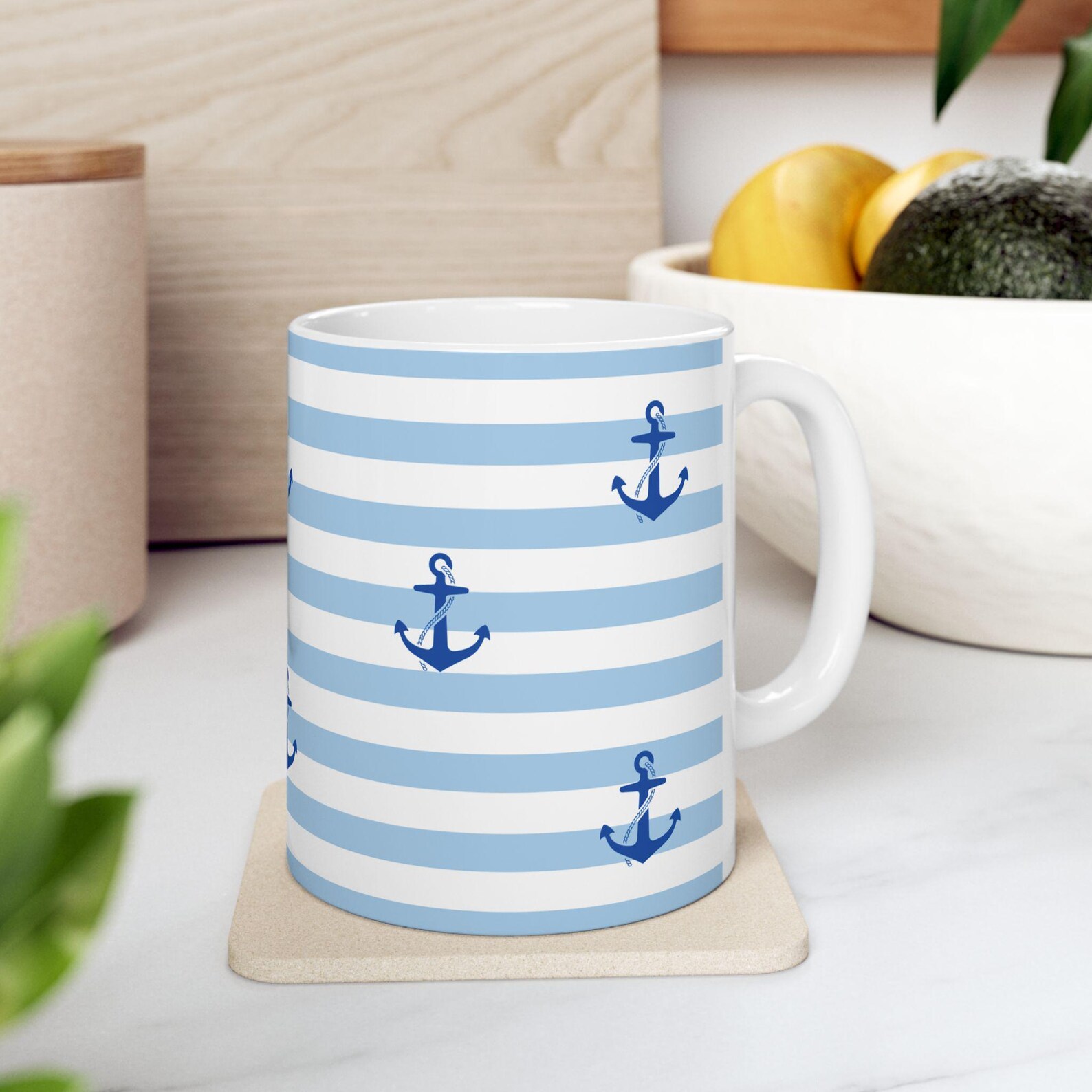 Nautical Stripe With Blue Anchor Mug, Anchor Lover Gift, Beach Coffee ...