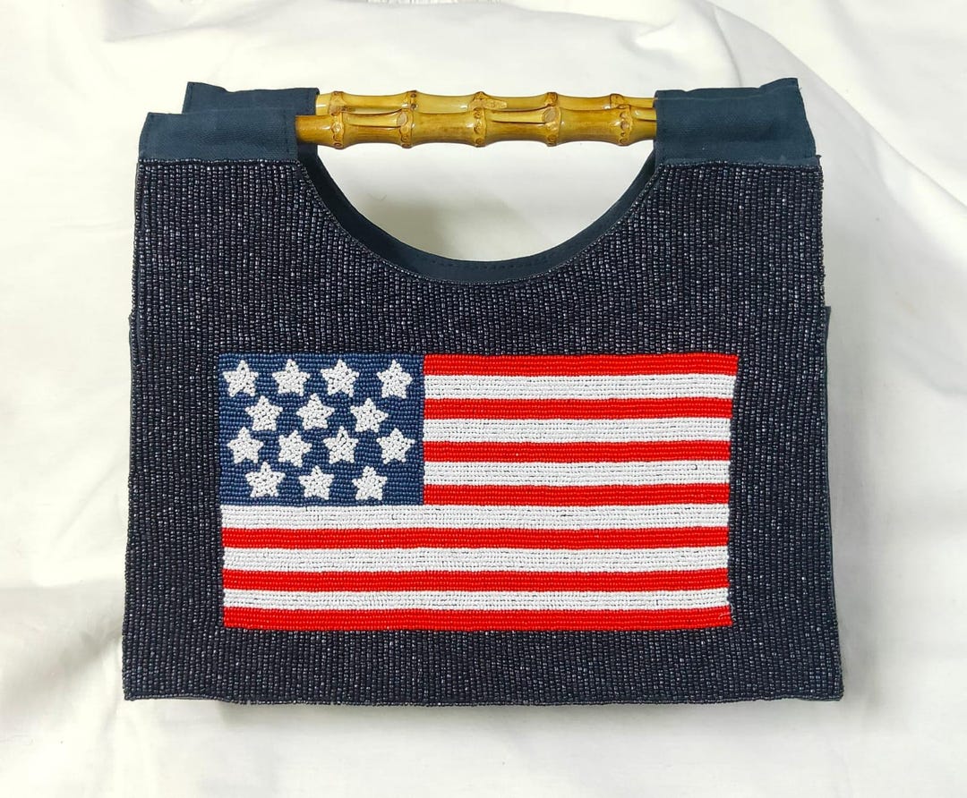 Navy Beaded American Flag Purse, Patriotic Handbag With Bamboo Handle ...