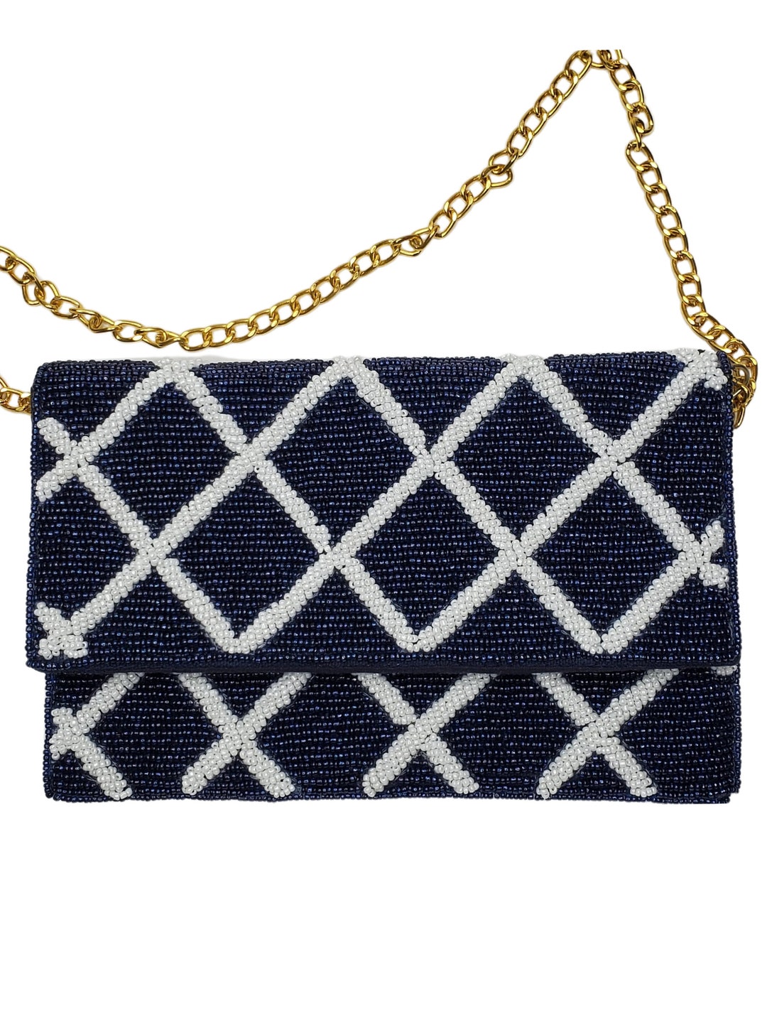 Handmade Navy Beaded Clutch: Nautical Evening Purse With Silver Chain ...