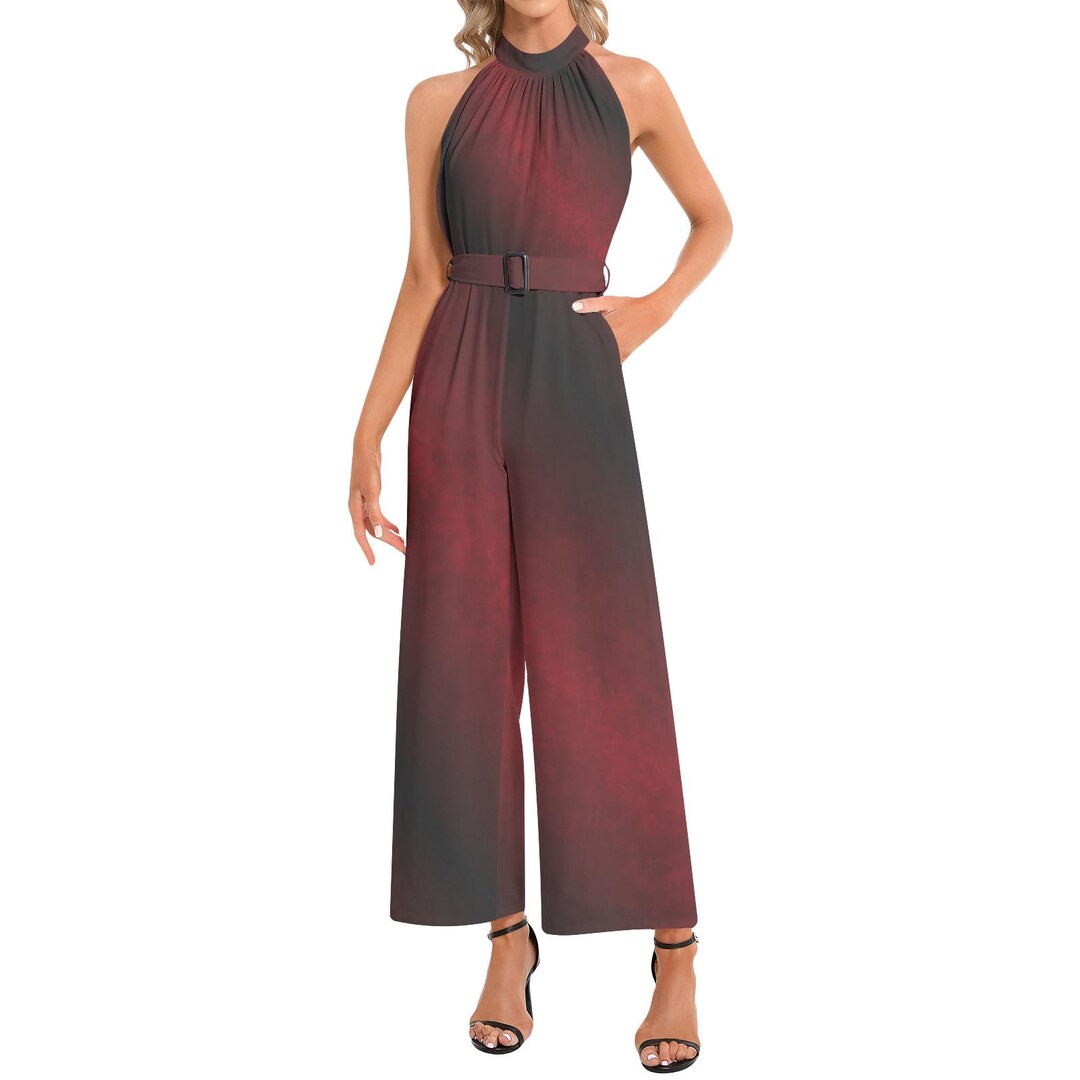 Halter Neck Buckle Belted Jumpsuit - Red and Black Jumpsuit - Ladies ...