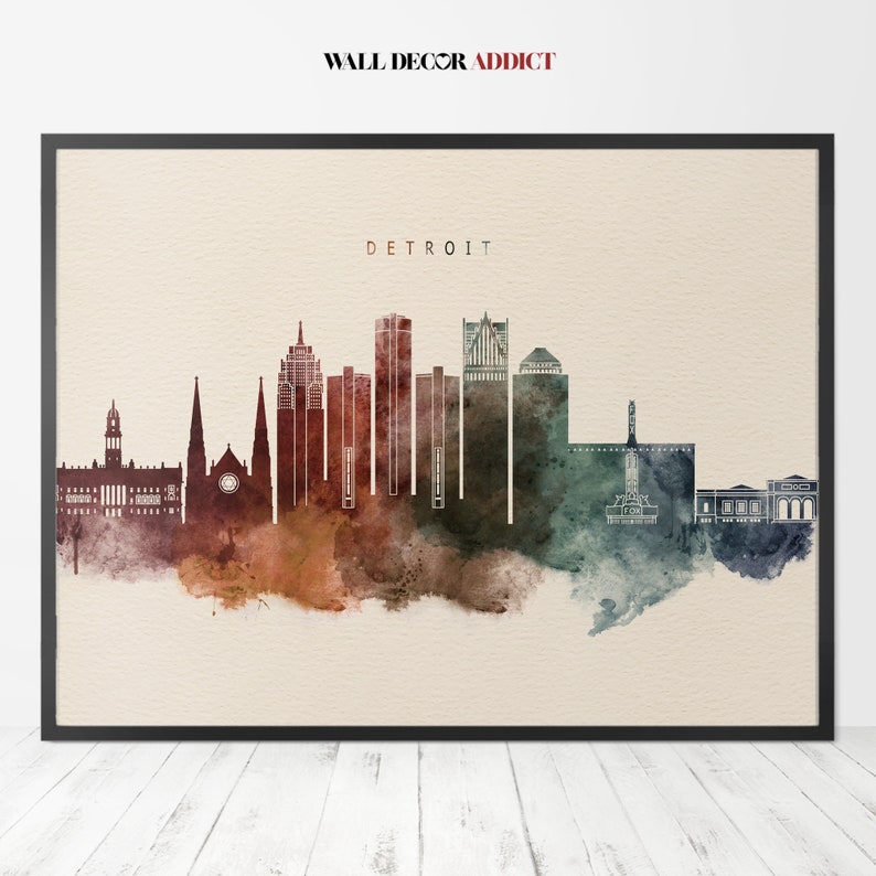 Detroit skyline print Detroit poster Detroit watercolor wall | Etsy