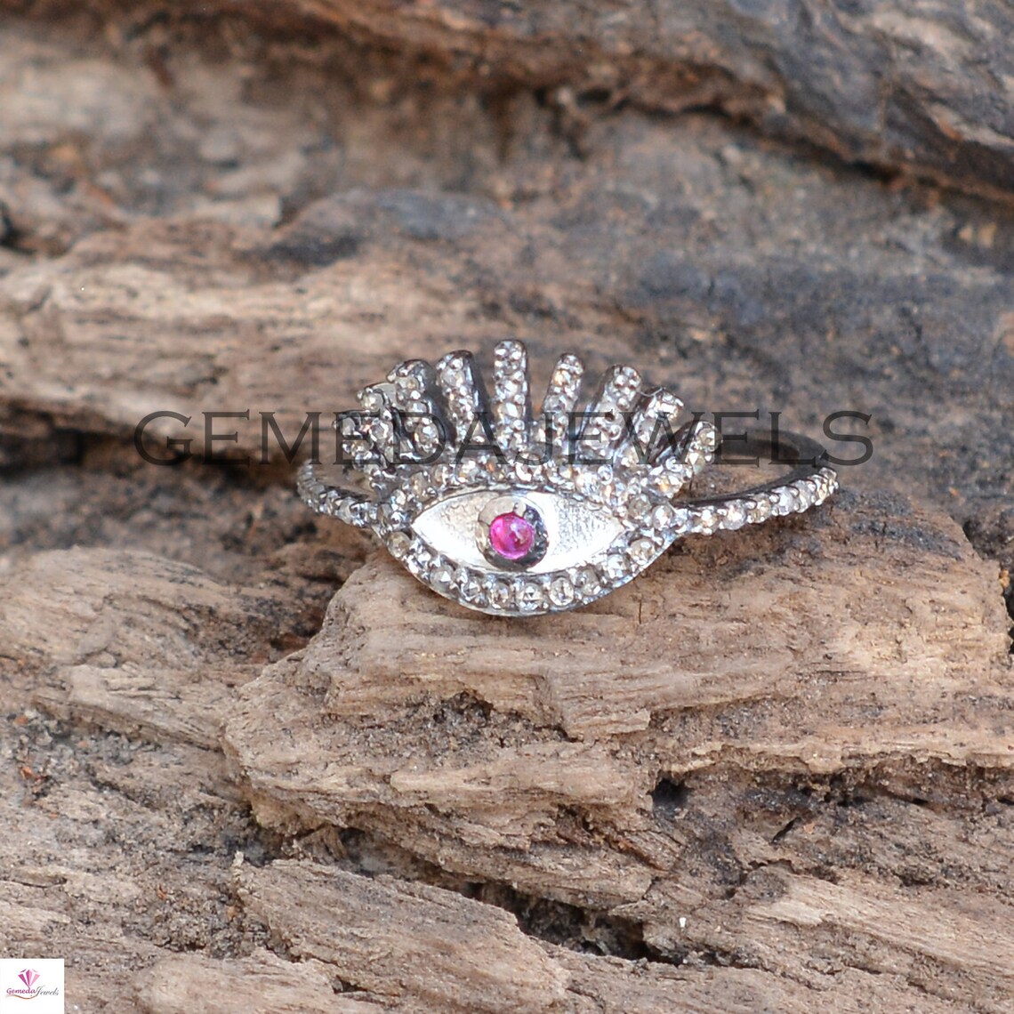 Natural Pave Diamond Ring Red Ruby Evil Eye Ring Sterling - Etsy