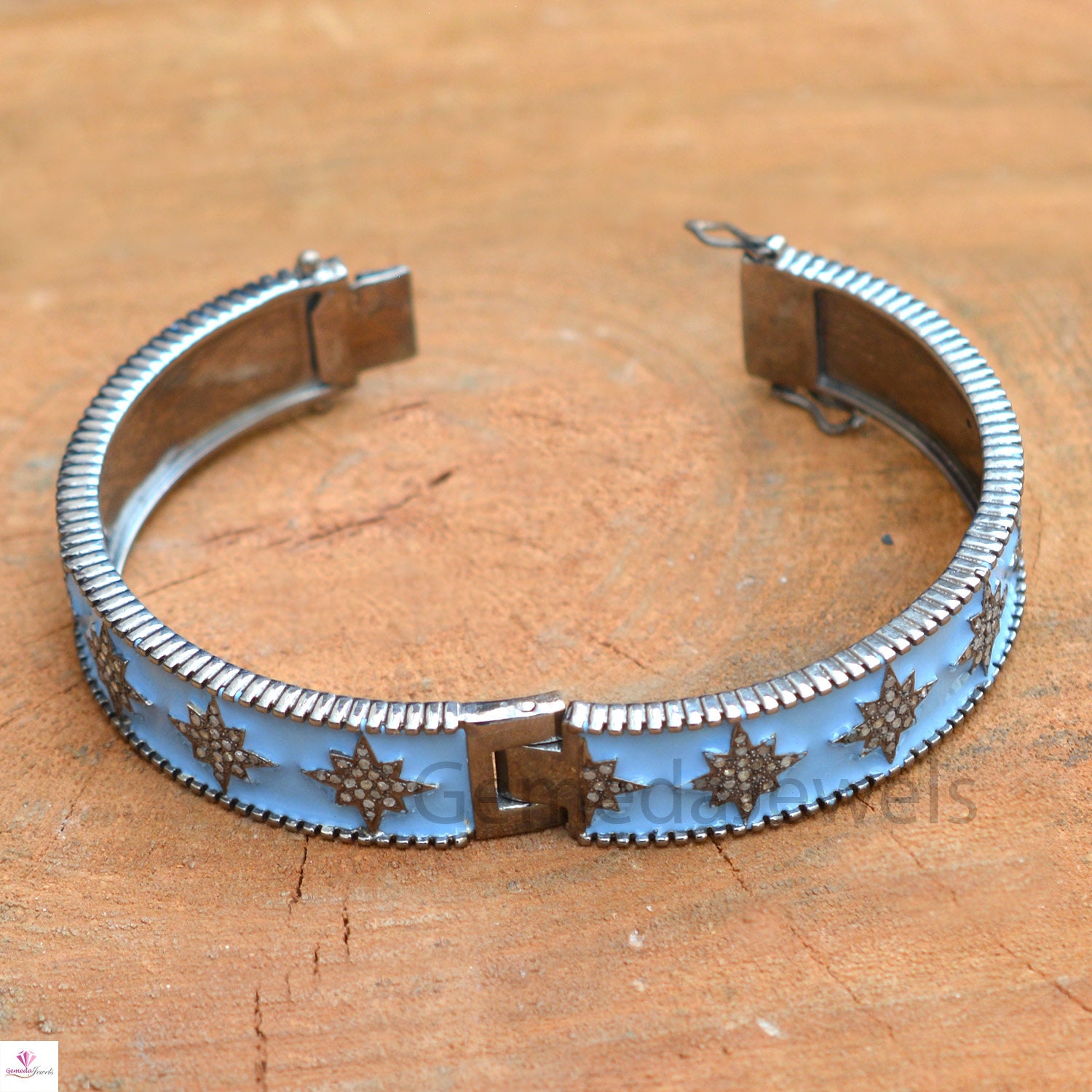 Sale Pave Diamond STAR Cuff Bangle Blue Enamel Bangle | Etsy