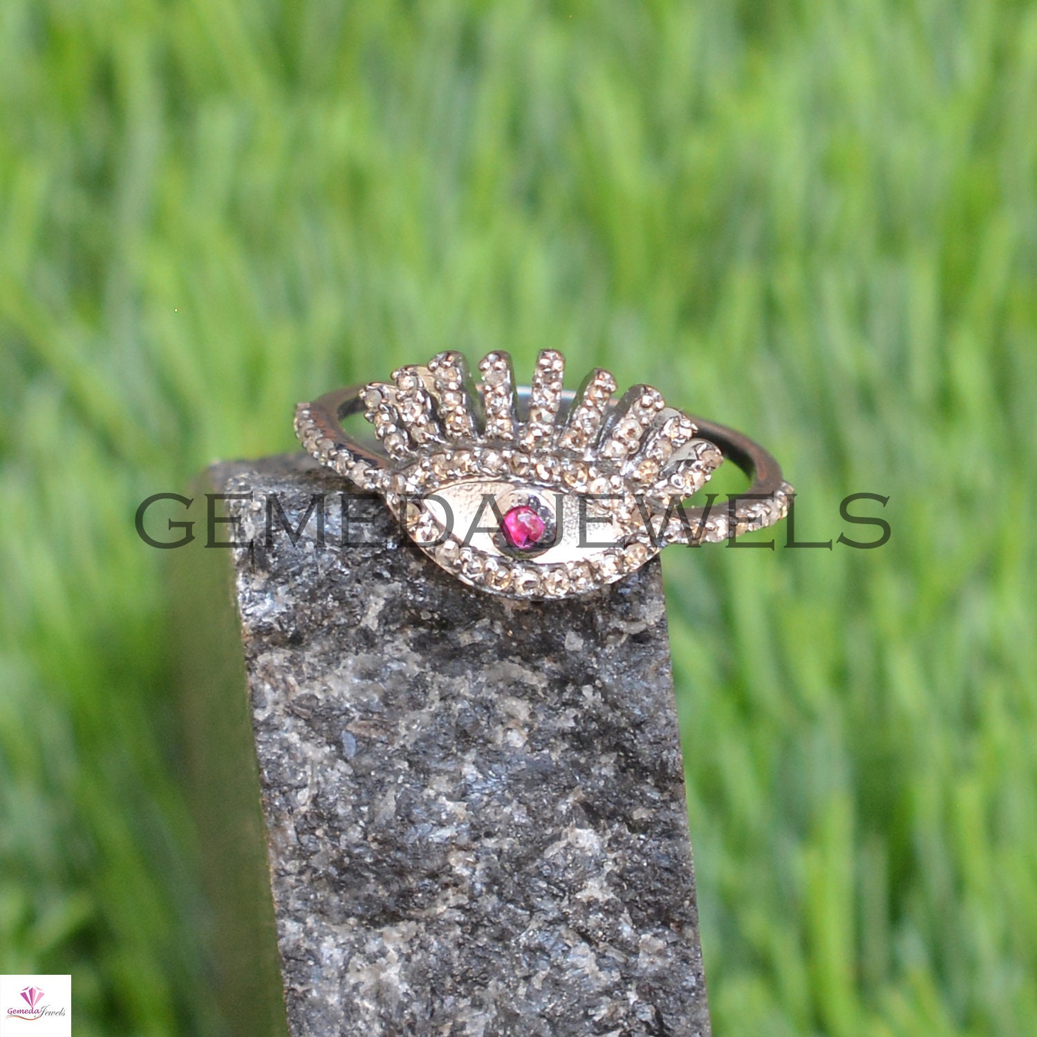 Natural Pave Diamond Ring Red Ruby Evil Eye Ring Sterling | Etsy