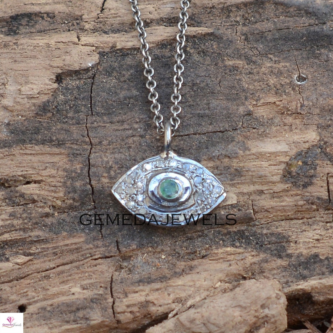 Pave Diamond Evil Eye Pendant: Sterling Silver Emerald Charm Necklace ...