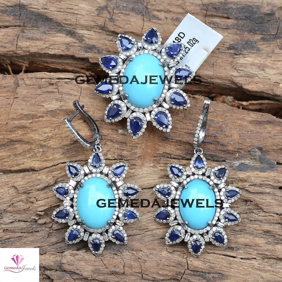 Blue Turquoise Gemstone Jewelry Set Blue Sapphire Ring Earrings Jewelry Solid 925 Silver Jewellery Set Pave Diamond Flower Ring Earring Etsy