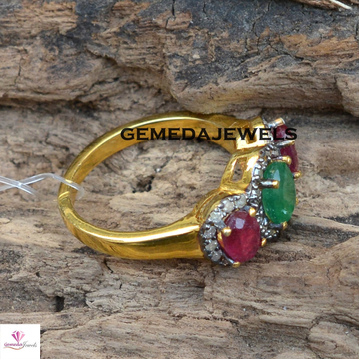 Emerald Gemstone Ring Three Stone Ring Gold Plated Jewelry | Etsy