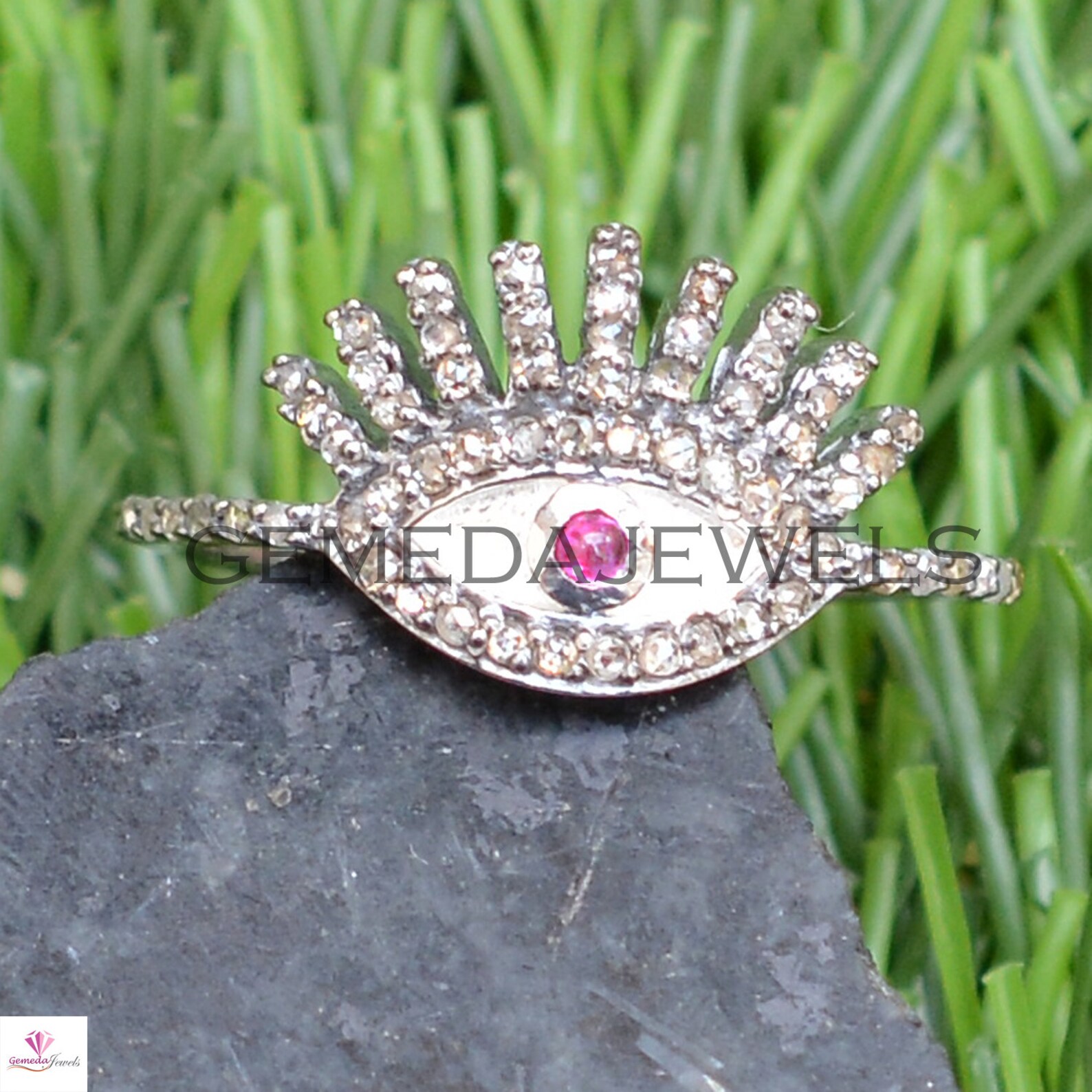 Natural Pave Diamond Ring Red Ruby Evil Eye Ring Sterling | Etsy