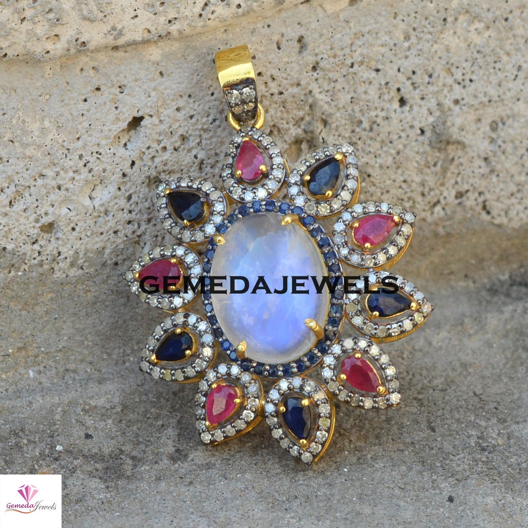 Moonstone Flower Pendant, Pave Diamond Jewelry, 925 Silver Pendant ...