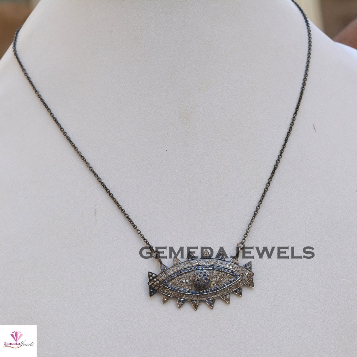 Pave Diamond Evil Eye Necklace Sapphire Evil Eye Pendant 925 | Etsy