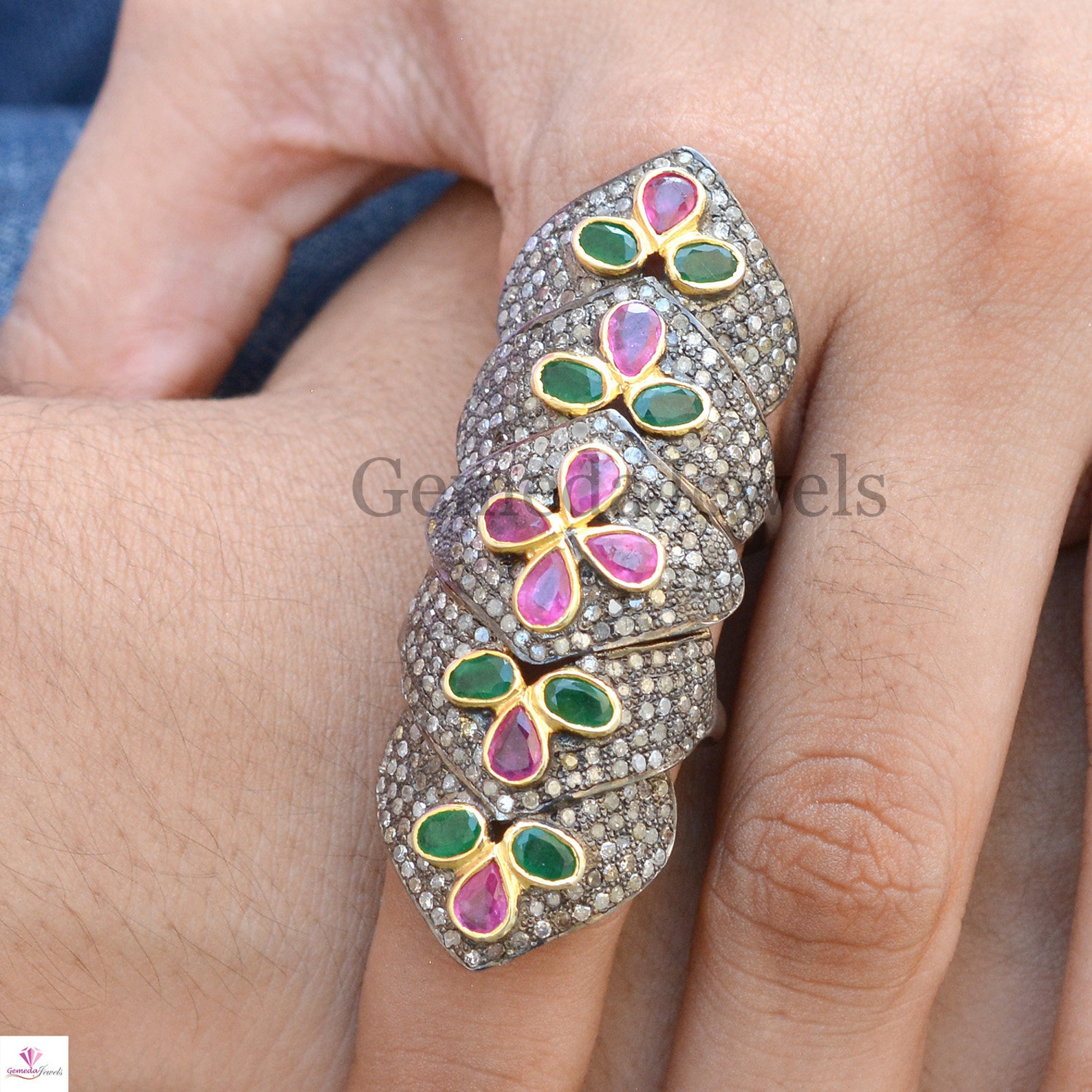 Natural Pave Diamond Gemstone Knuckle Ring Ruby Emerald - Etsy