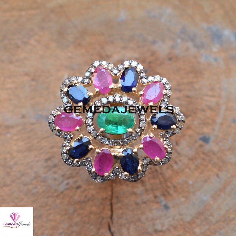 Multi Gemstone Flower Ring Ruby Gemstone Ring Sapphire 925 - Etsy