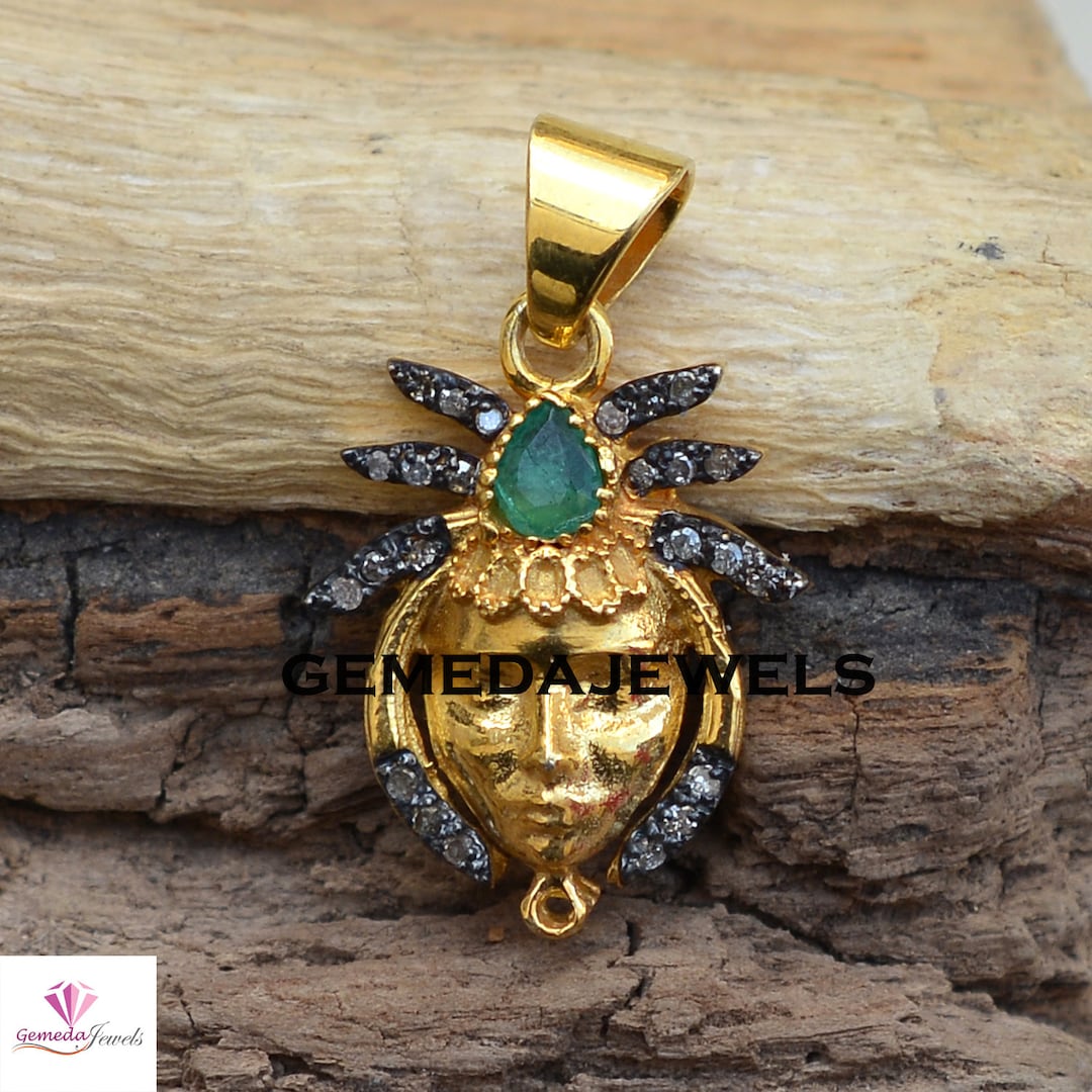 Pave Diamond God Face Pendant, Emerald Gemstone Pendant, Gemstone ...