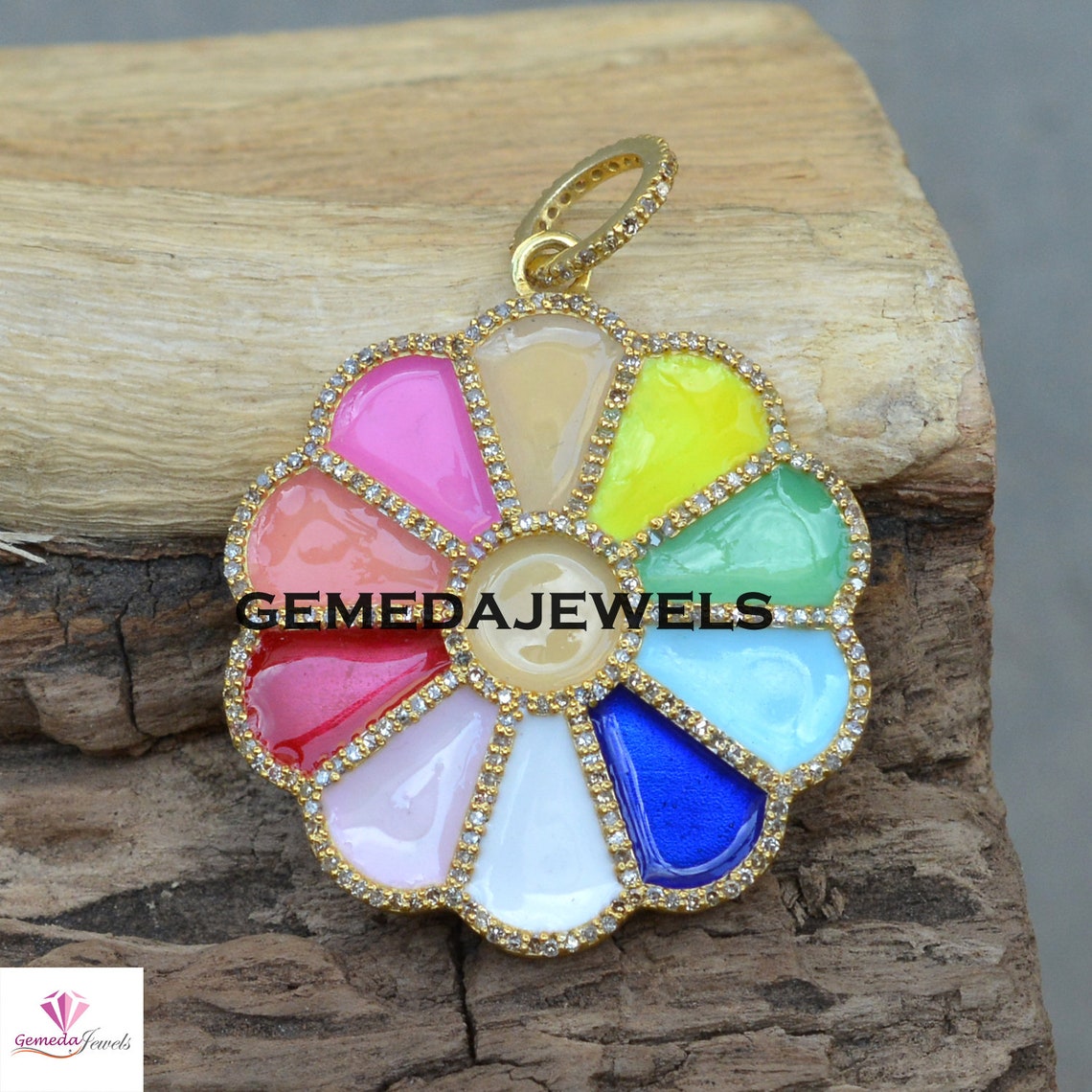 Pave Diamond Floral Pendant: Multi-color Enamel, 925 Silver Necklace ...