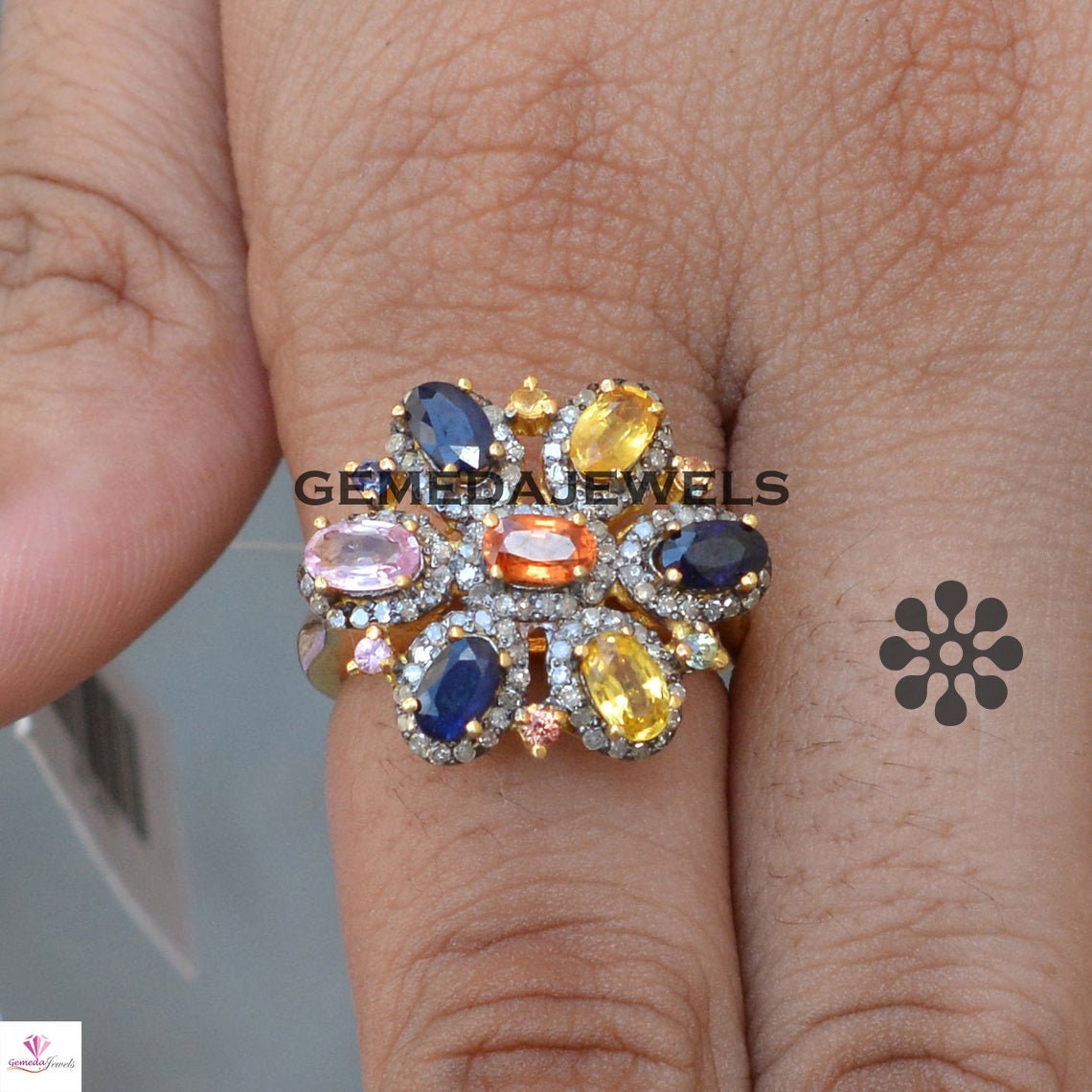 Multi Sapphire Gemstone Ring Pave Diamond Ring Gemstone - Etsy